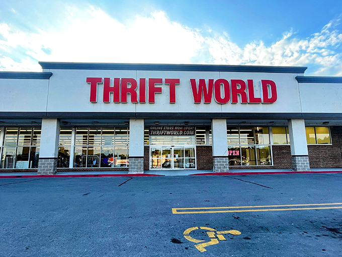 Thrift World's massive red letters command attention against the blue sky. This isn't just a store&mdash;it's an entire secondhand planet to explore!