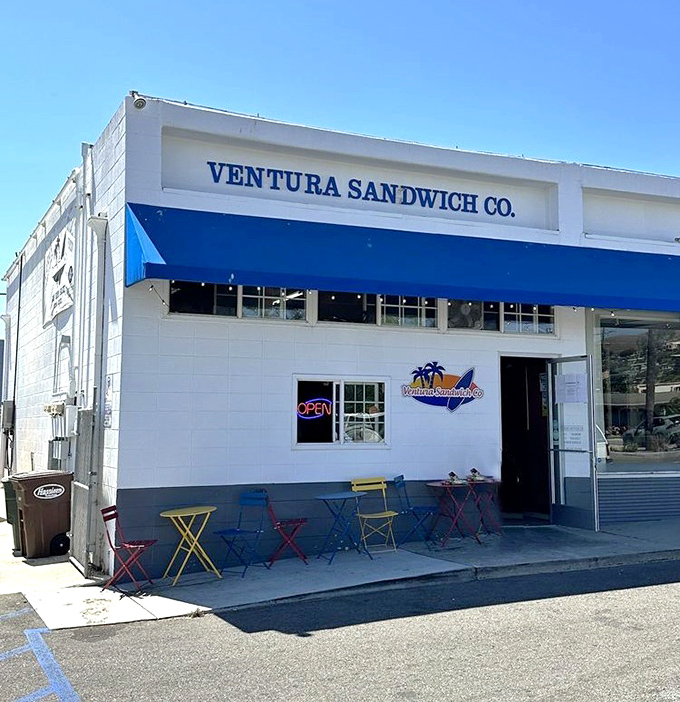 Ventura Sandwich Company's blue and white facade perfectly captures that laid-back coastal California vibe.