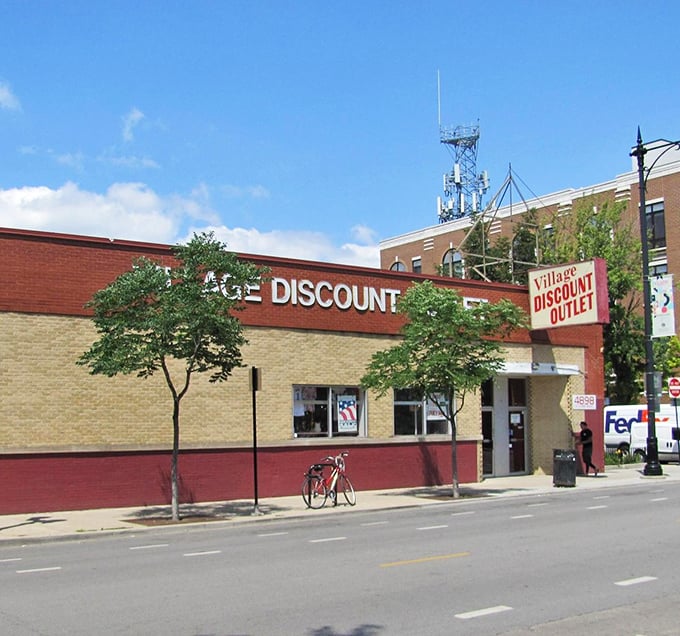 Village Discount's bold signage announces a different thrifting experience - where shopping by the pound creates ultimate bargains.