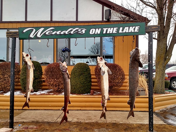 The ultimate "catch of the day" display&mdash;Wendt's fish hanging like trophies say "Yes, we actually know what we're doing here."