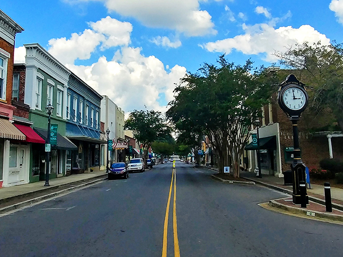 York's downtown clock tower keeps perfect time while the town square invites unhurried contemplation.