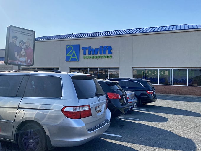 A row of cars suggests this Alexandria thrift destination draws crowds for its impressive selection.