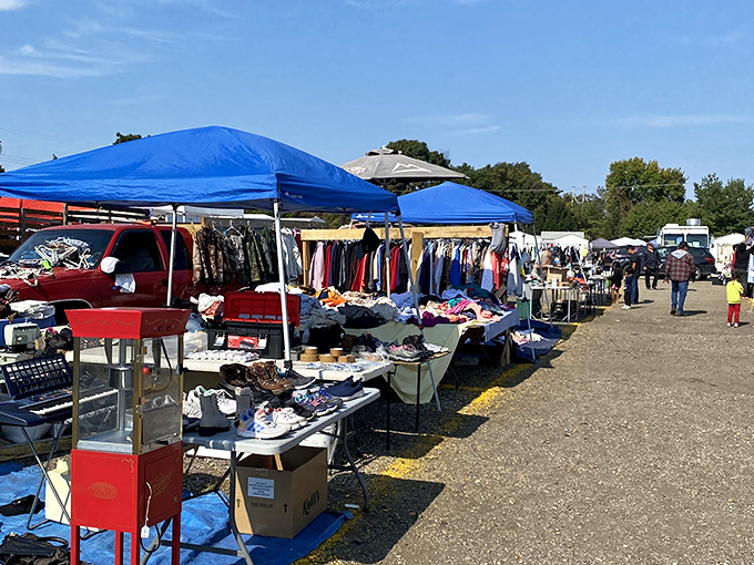 Rows of blue tents create an orderly treasure hunt where serious bargain hunters can focus on finding genuine value.