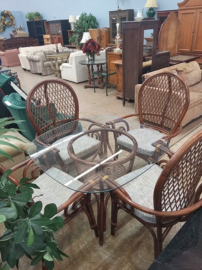 Wicker chairs and glass tables await new homes at Abilities Unlimited. Someone's trash becomes your treasure!