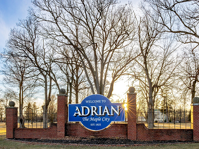 Adrian's welcome sign promises maple-sweet adventures in this charming corner of southeastern Michigan's countryside.
