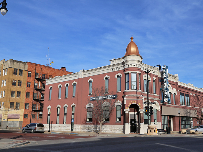 The Union State Bank anchors downtown like a reliable old friend, watching over the community.
