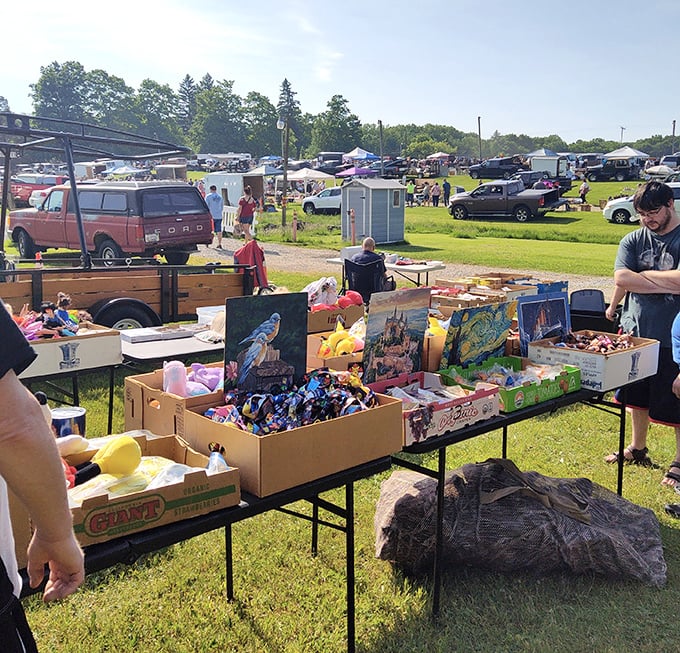 Tables loaded with mysterious boxes - it's like Christmas morning, but you get to buy your surprises.