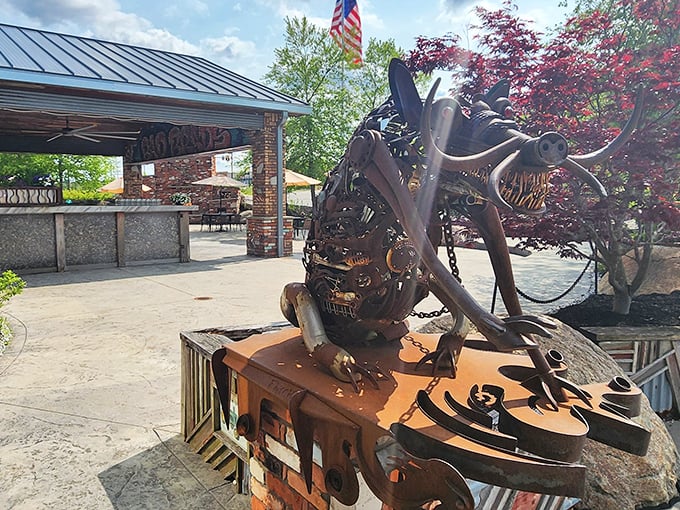 The metal pig sculpture outside Bad Brads isn't just art &ndash; it's a preview of the pork perfection waiting inside.