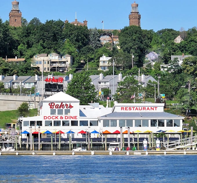 Dock, dine, and divine! Bahr's colorful umbrella parade leads to seafood treasures served with a side of breathtaking water views and maritime history.