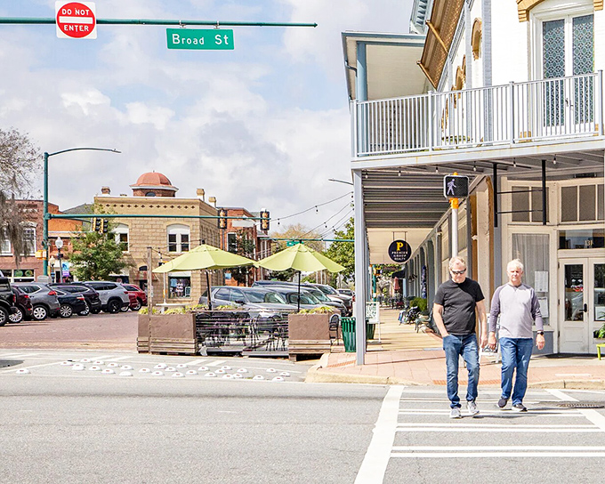 Two friends enjoy Bainbridge's walkable downtown, where catching up happens naturally between shop visits and coffee breaks.