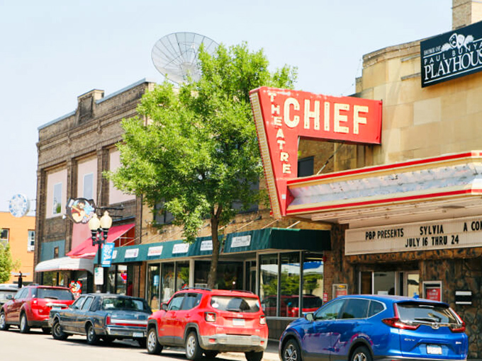 Downtown Bemidji brings local flair to life under the bright marquee of the Chief Theatre, where community and creativity take center stage.