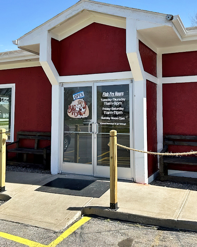 The no-nonsense entrance to Big Fish Bar and Grill &ndash; where Kansas proves you don't need ocean views for seafood that makes waves.