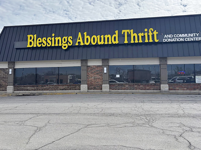 Black roof, yellow sign, and endless possibilities. Blessings Abound stands ready to surprise even the most seasoned thrifters.