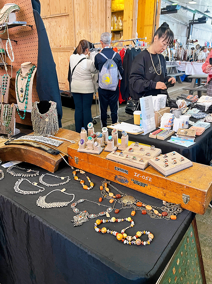 Inside this vendor stall, vintage jewelry displays like museum pieces, each necklace and ring holding decades of untold stories.