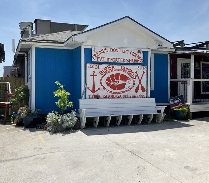 Bright blue walls with red trim and that hand-painted message create the perfect laid-back Tybee Island beach vibe.