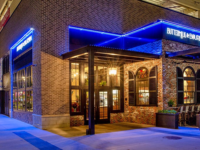 Blue neon glow signals sophisticated comfort food that'll make your grandmother's recipe seem quaint.