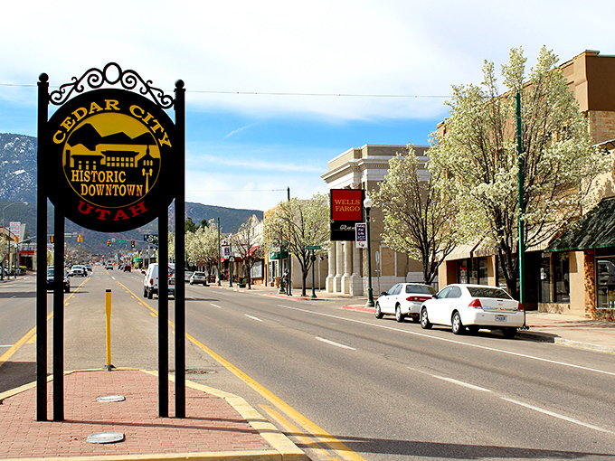 Cedar City's historic downtown welcomes visitors with its iconic sign, promising small-town charm and cultural richness at reasonable prices!