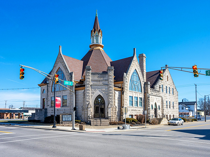 Gothic revival architecture meets small-town charm in this stunning stone sanctuary that anchors the community.