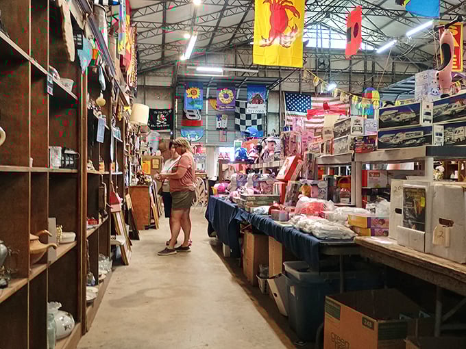 Inside this treasure trove, colorful flags and memorabilia create an atmosphere that's part museum, part garage sale extraordinaire.