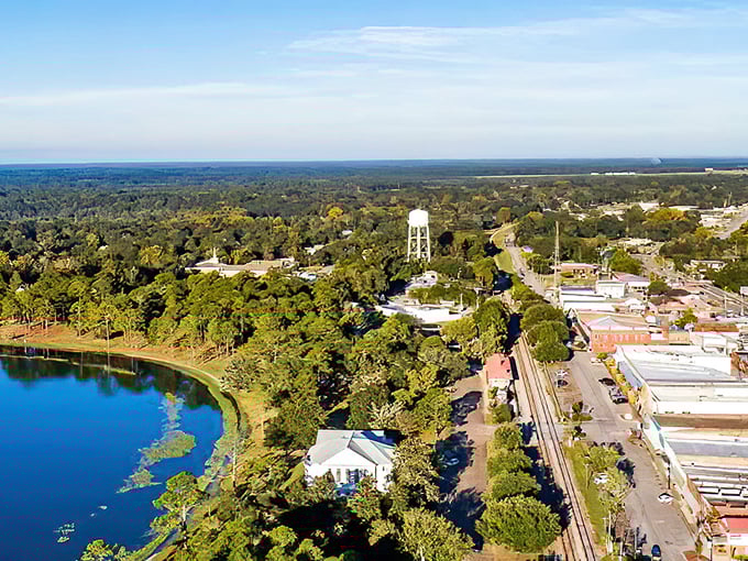An aerial portrait of community and nature. The town clings to the water, nestled by the forest, with the iconic water tower standing guard over the quiet streets and historical main drag.