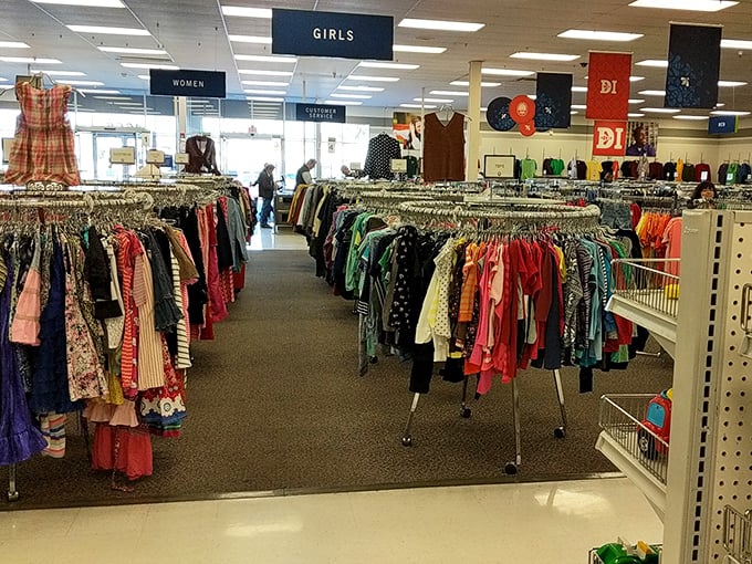 Color-coded clothing sections stretch to the horizon. It's like the Library of Congress, but for fashion!