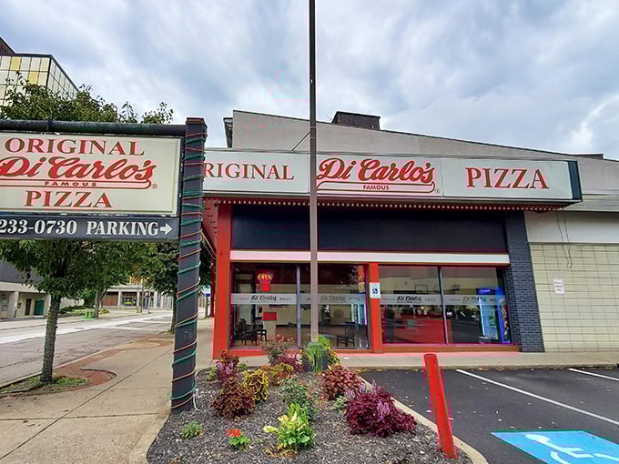 Traditional American pizza joint exterior that promises old-school flavors and time-tested recipes inside.