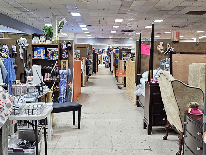 Organized aisles stretch endlessly, proving that the best flea markets are like indoor treasure cities.