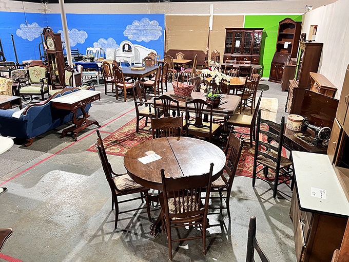 The organized interior with painted clouds creates a whimsical shopping atmosphere that makes furniture hunting feel almost magical.