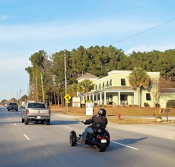 Goose Creek's wide roads and newer developments welcome retirees seeking space to breathe. That motorcyclist is enjoying the freedom of South Carolina's year-round riding weather!