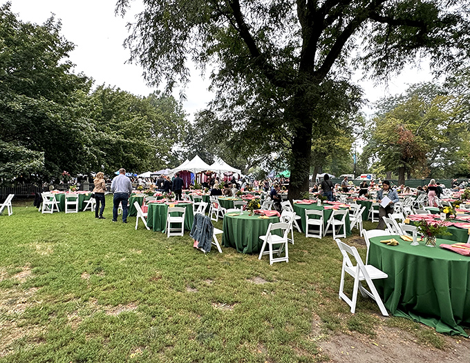 Al fresco dining meets shopping at Green City Market. Those green tablecloths promise conversations as fresh as the produce.