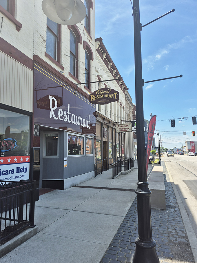 Historic storefronts line Greensburg's main street, where window shopping doesn't have to stay at the window on a fixed income.