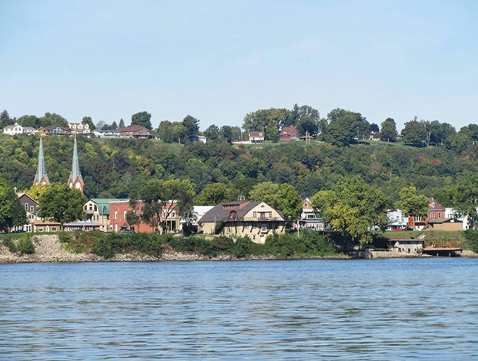 The Mississippi flows past Guttenberg like liquid silver reflecting Iowa's most scenic river town.