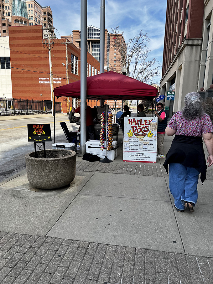 Downtown dining doesn't get more authentic than a hot dog cart with personality like this.