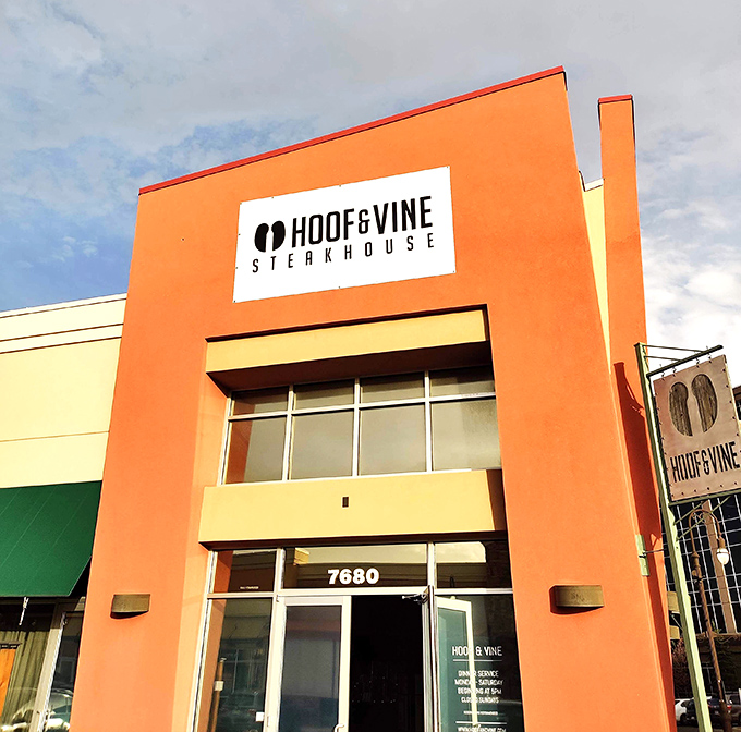 The bold signage of Hoof & Vine makes a statement: serious steak happens here. No meat apologies necessary.