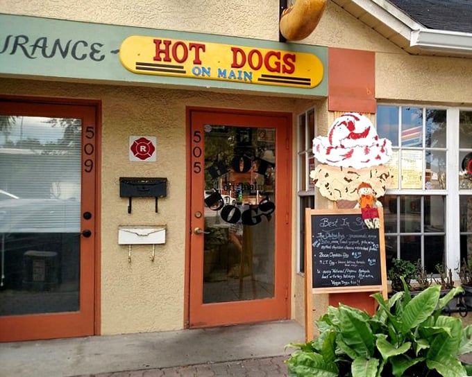 Hot Dogs on Main's charming yellow building houses some seriously creative frank creations &ndash; that ice cream cone sign is just a bonus!