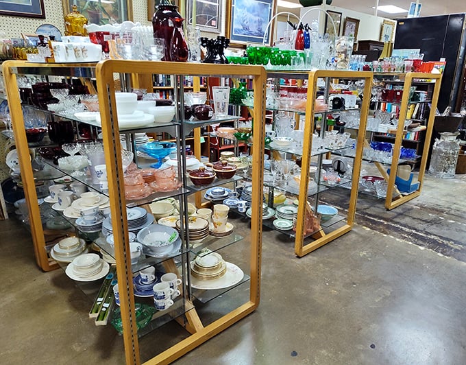 Vintage lamps hang like glowing fruit, ready to illuminate your home with yesterday's charm.