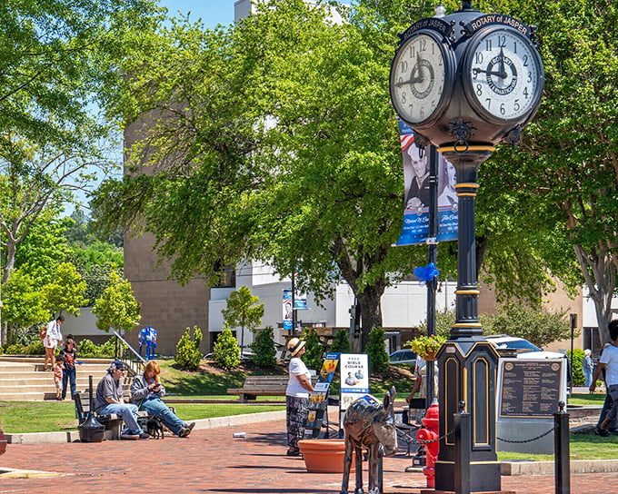 Time stands still in Jasper's brick-paved paradise, where Social Security checks tick further than the hands on this Rotary clock.