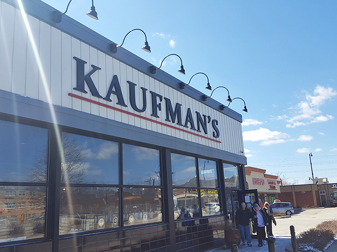 Suburban sandwich sanctuary. Kaufman's clean lines and stone facade hide a wonderland of Jewish deli classics inside.
