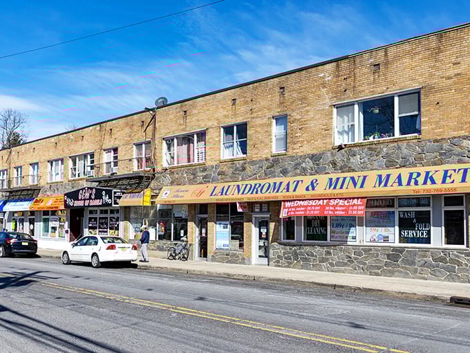 Small businesses line this Keansburg street, where the laundromat doubles as the town's unofficial social club.
