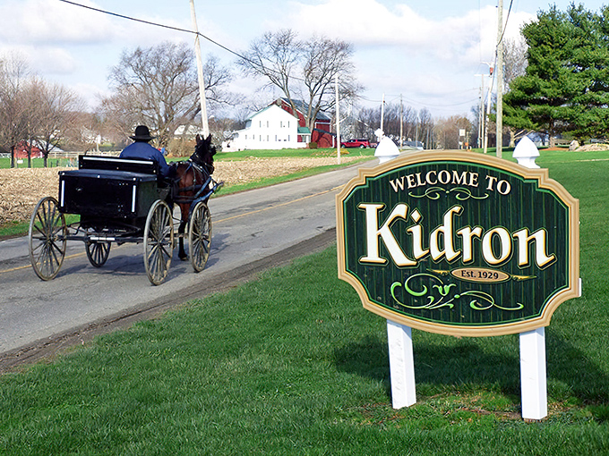 The "Welcome to Kidron" sign greets visitors as a horse-drawn buggy clip-clops its way into town&mdash;a perfect introduction to Amish life.