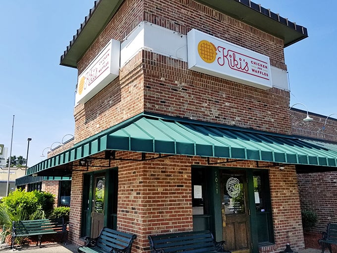 Kiki's bright sign promises a sweet-savory combo that's become a Columbia favorite for both brunch enthusiasts and chicken lovers.