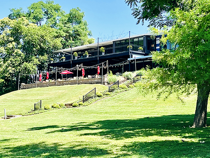 Perched on a grassy hill overlooking the Ohio River, Kingfish serves up seafood with scenery that rivals the food.