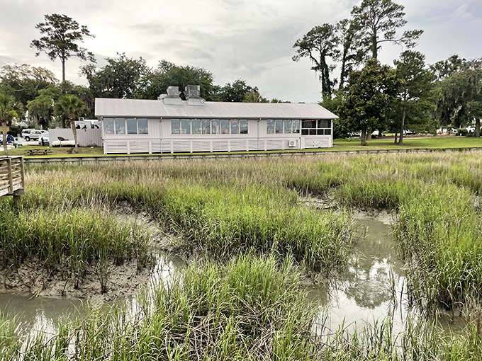 Spanish moss drapes this dockside treasure like nature's own restaurant curtains, adding Southern gothic charm perfectly.