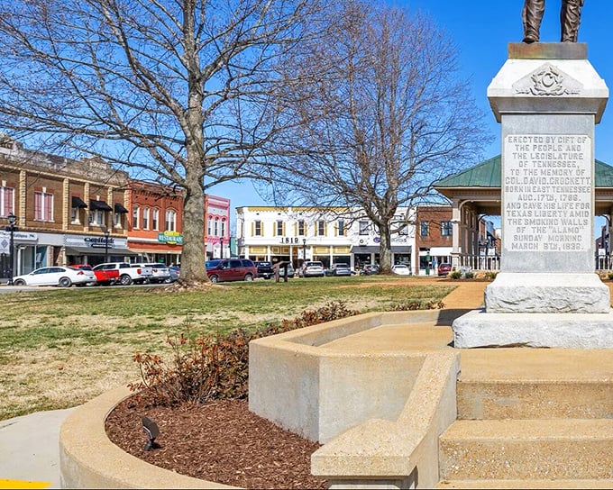 The town square monument stands proud, reminding visitors that small-town America still thrives in places like this.
