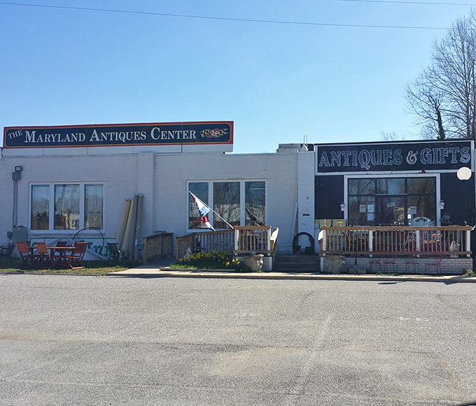 The Maryland Antiques Center stands ready to welcome treasure hunters, its modest exterior hiding countless historical gems.