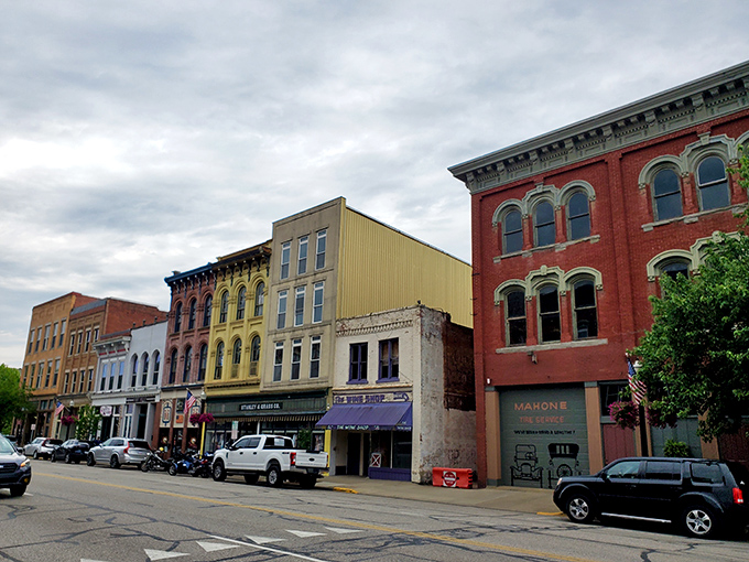 The varied colors and styles of Marietta's main street buildings tell stories of different eras, all sharing the same unhurried pace.
