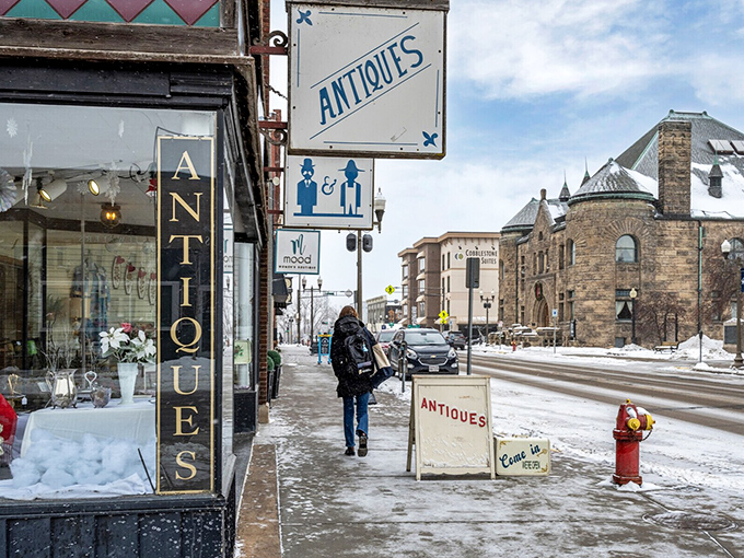 Winter transforms Menomonie's antique district into a snow-dusted wonderland where treasures await patient hunters.