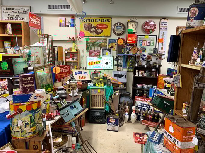 Vintage advertising heaven! This room is like stepping into a 1950s general store where everything from Coca-Cola to Hostess has a story to tell.
