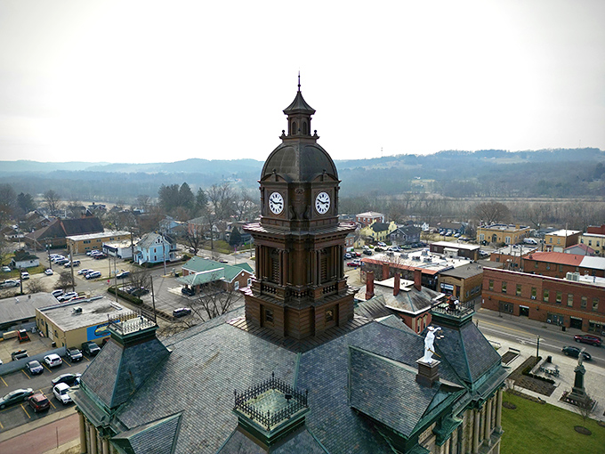 This aerial view reveals a community that values green spaces as much as its charming architecture.