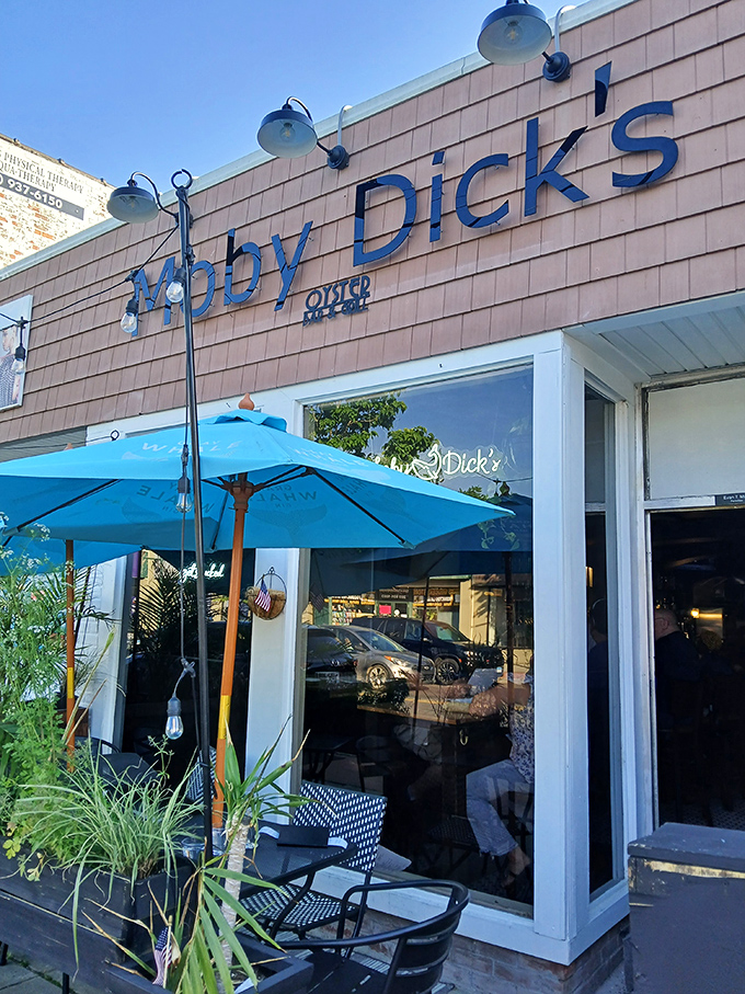 The bright blue umbrella outside Moby Dick's offers a splash of color and promise of outdoor dining. Lobster always tastes better al fresco.